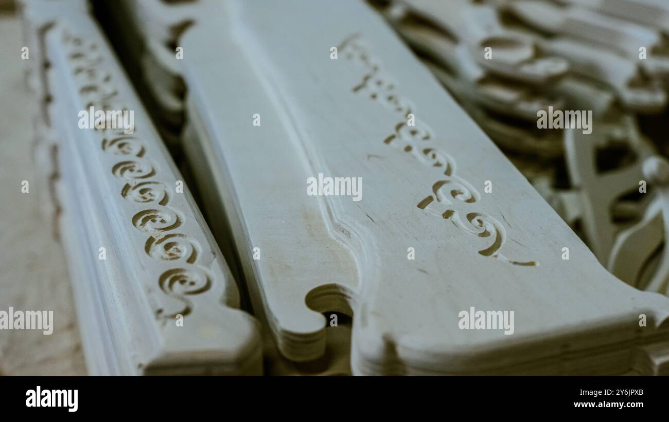 carving element. furniture in classic style. white color wood with gold ...