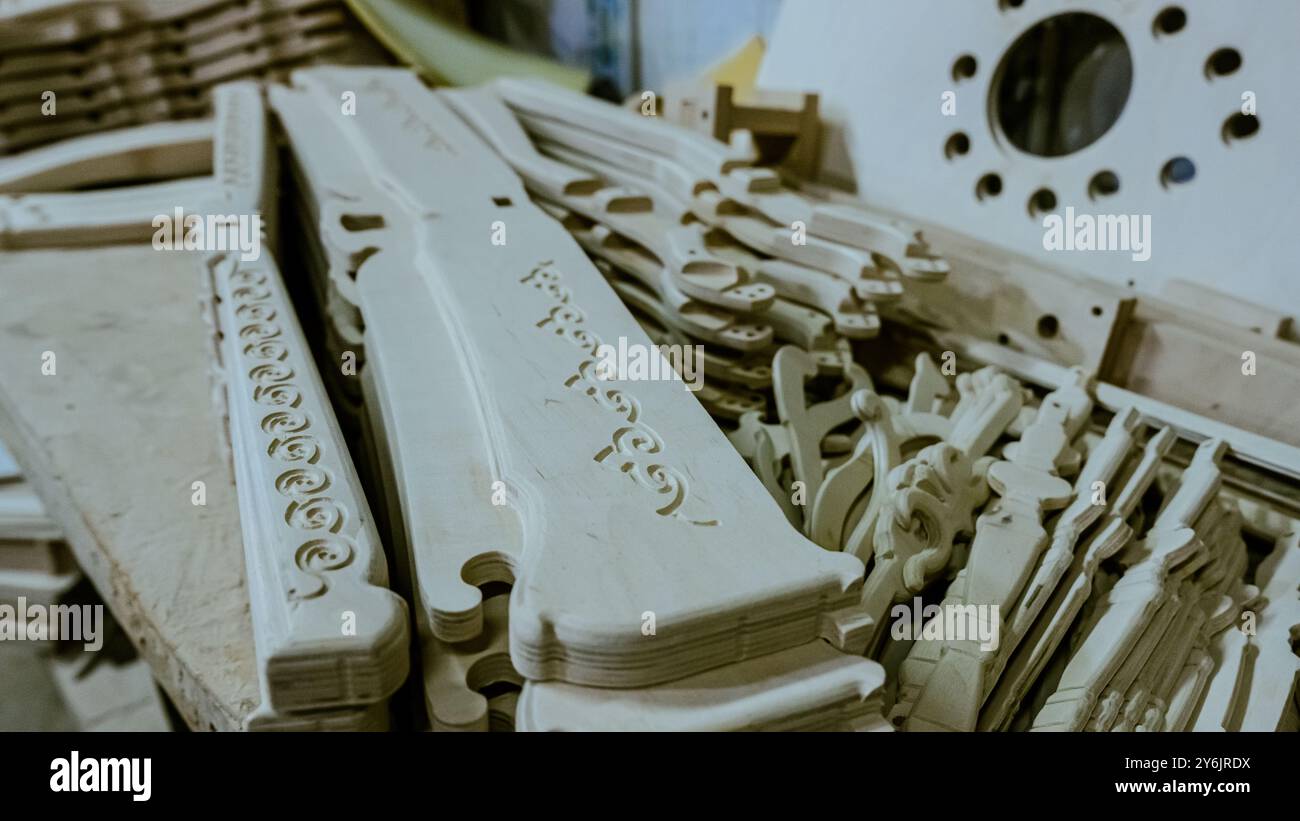 carving element. furniture in classic style. white color wood with gold ...