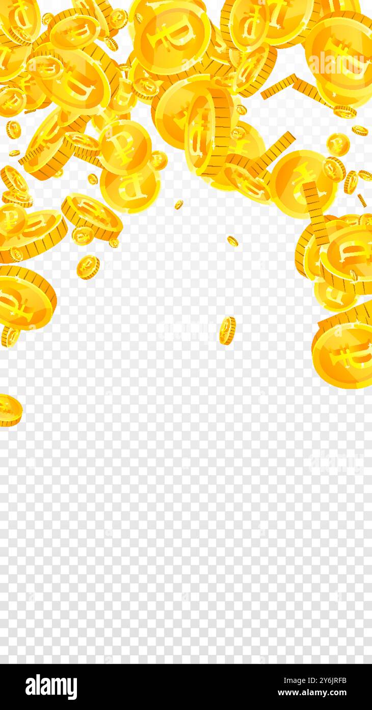 Russian ruble coins falling. Scattered gold RUB coins. Russia money ...