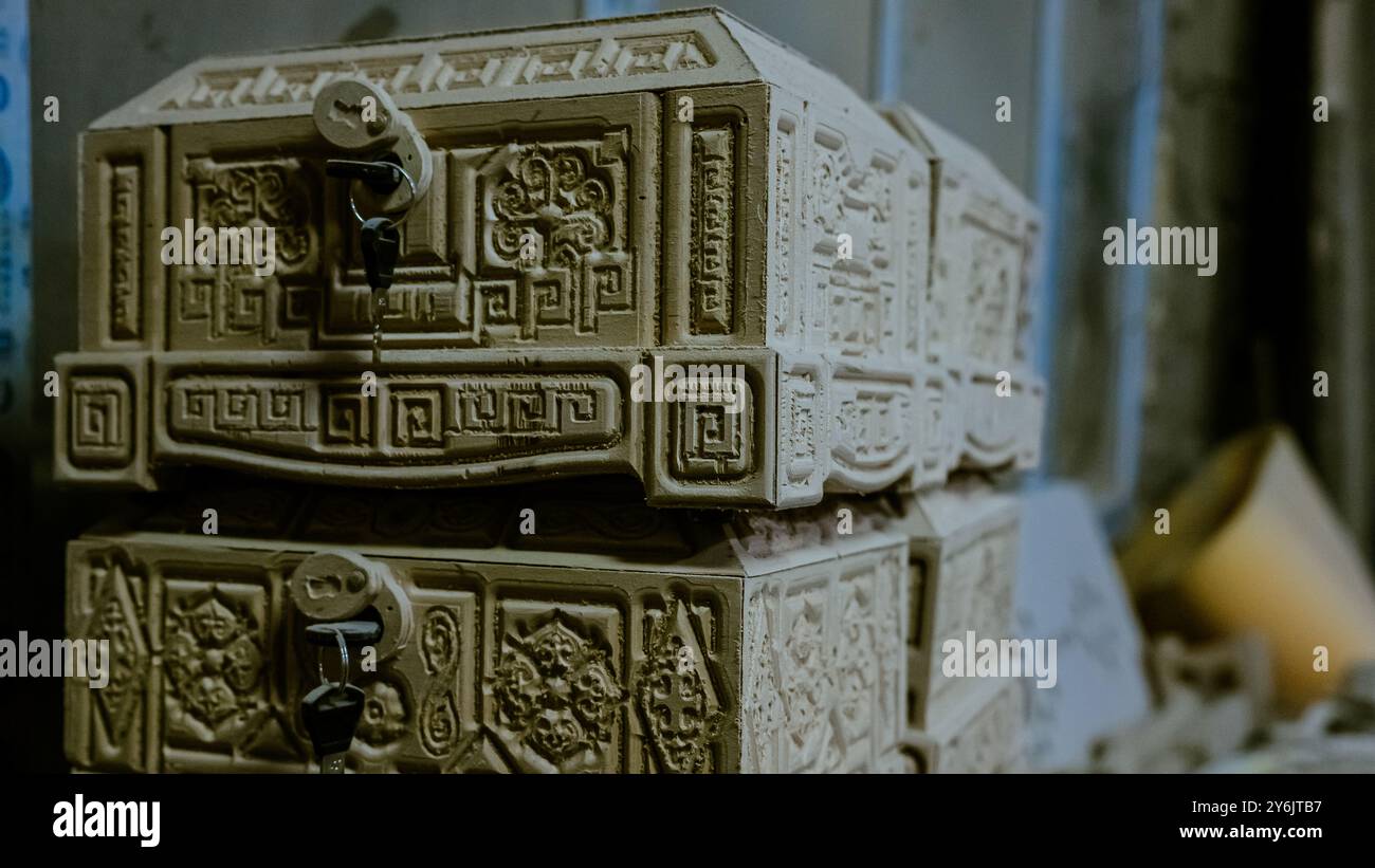 carving element. furniture in classic style. white color wood with gold ...