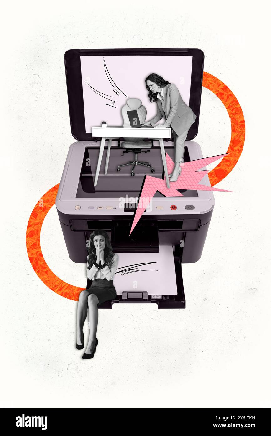 Vertical photo collage of angry old woman boss stand broke printer ...