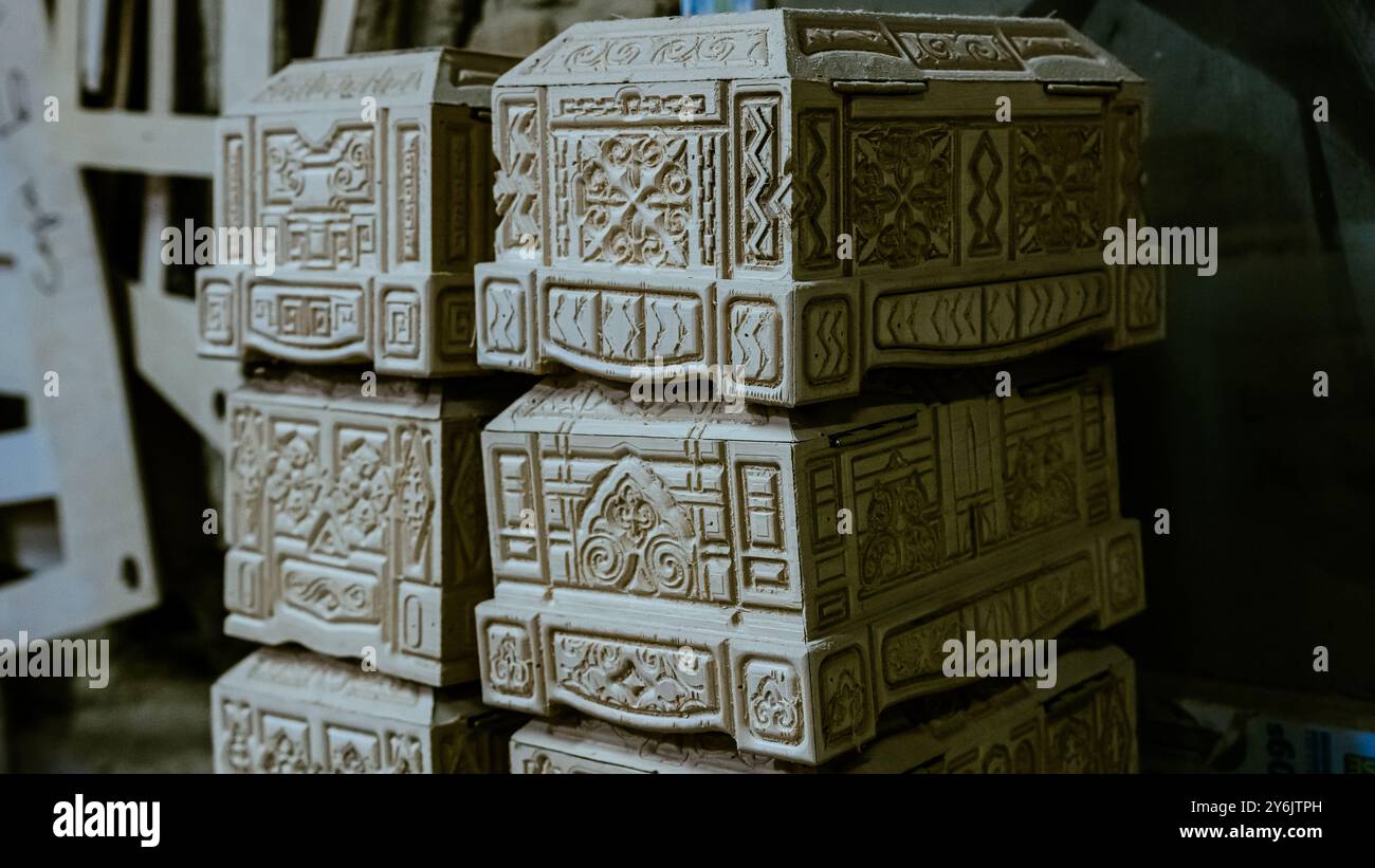 carving element. furniture in classic style. white color wood with gold ...