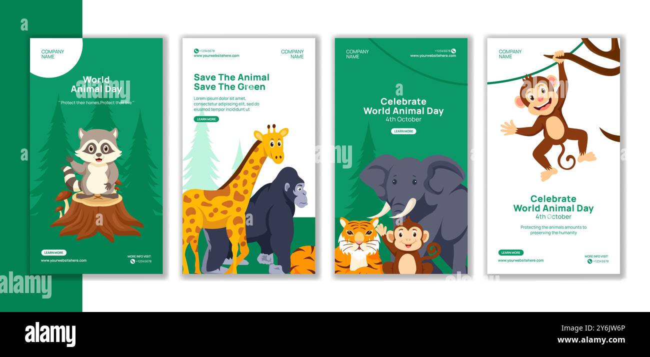 World Animal Day Social Media Stories Flat Cartoon Hand Drawn Templates ...