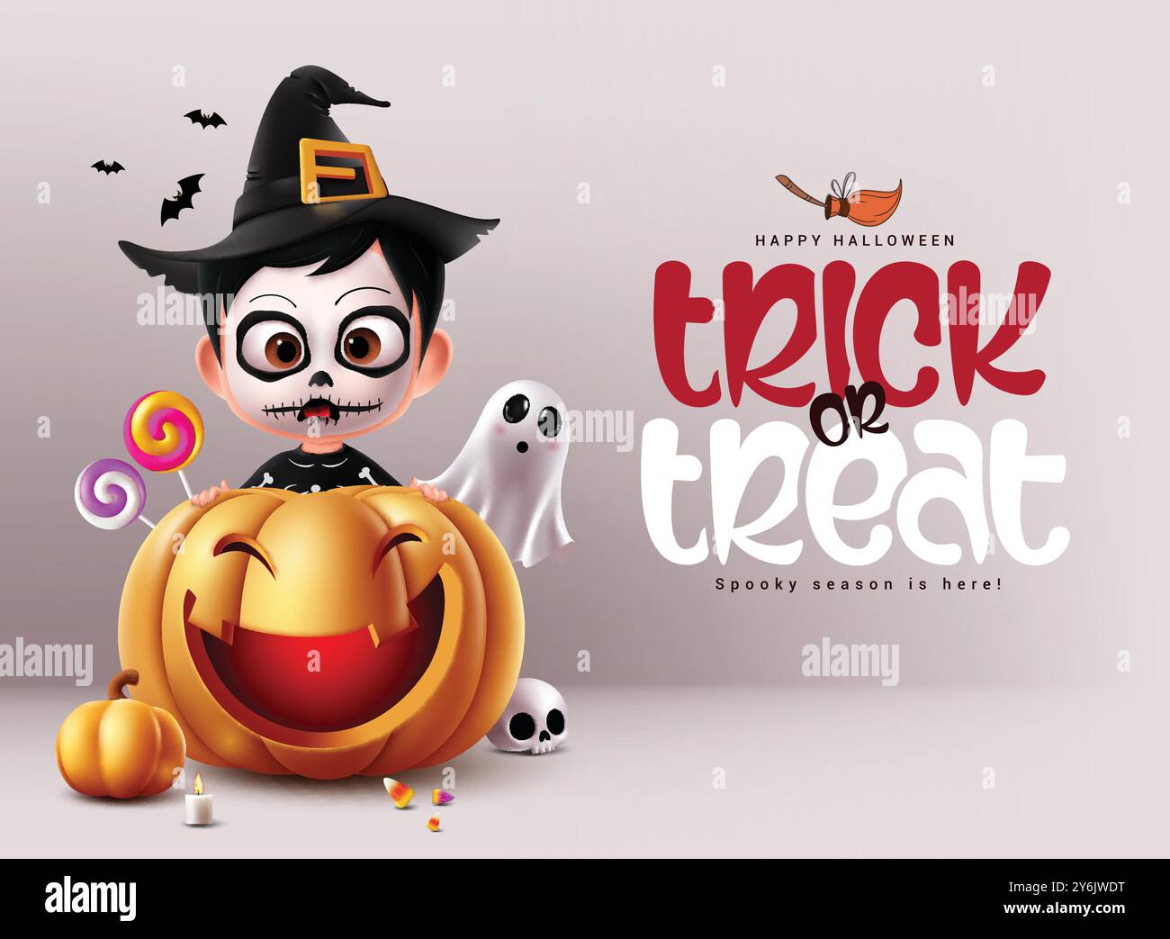 Trick or treat greeting vector design. Halloween ghost kid character ...