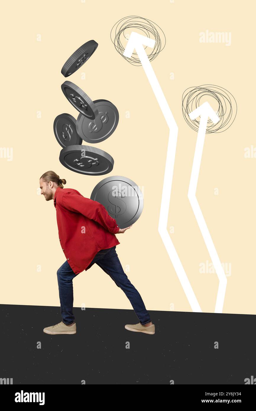 Collage picture of hardworking persistent man carrying earning money ...