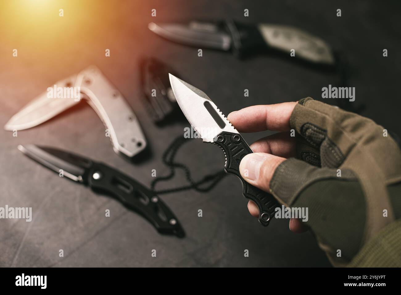 Tactical objects, military equipments. Selective focus mini fixed blade ...