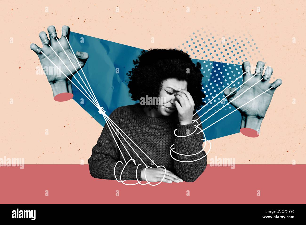 Composite photo collage of sad american girl marionette hands bullying ...