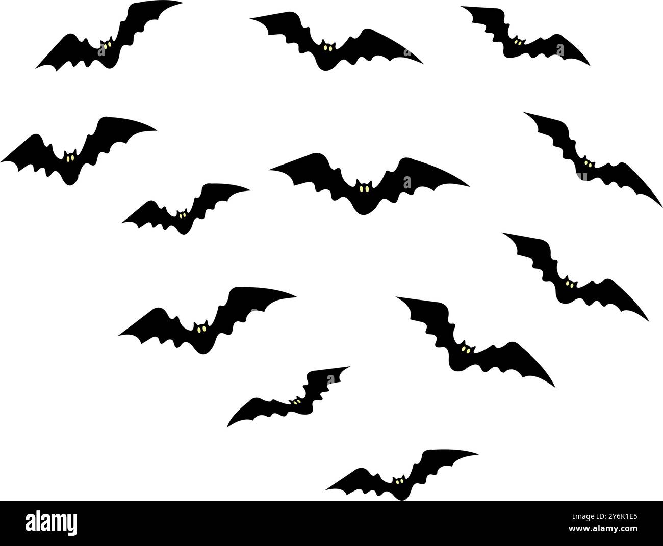 A group of black bats with glowing eyes flying in various directions ...