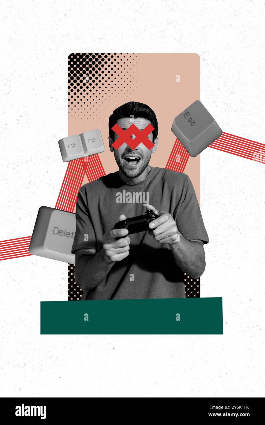 Vertical collage picture young man computer games joystick keypad buttons play excited crossed ...