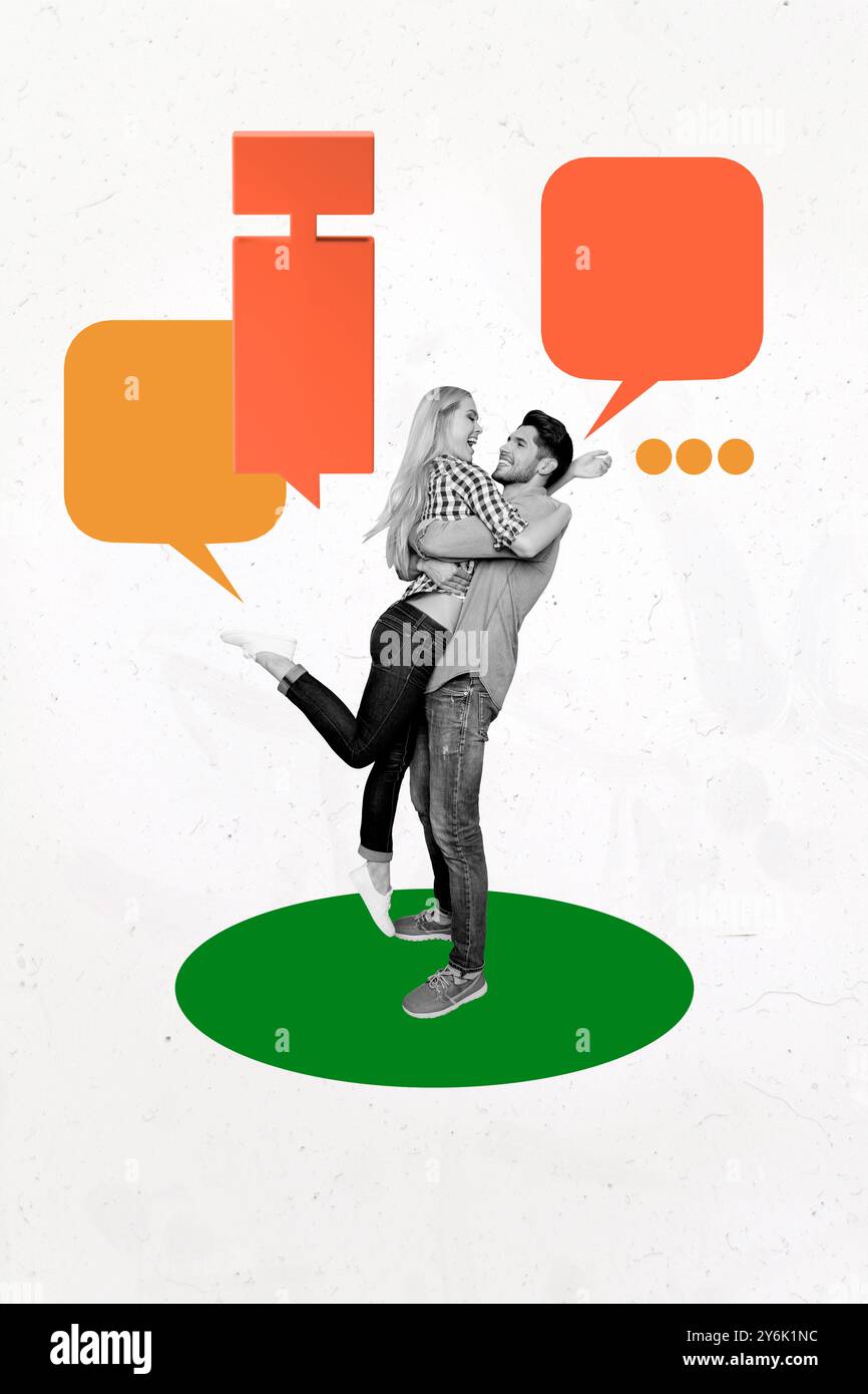 Vertical collage picture young couple woman man hug each other ...