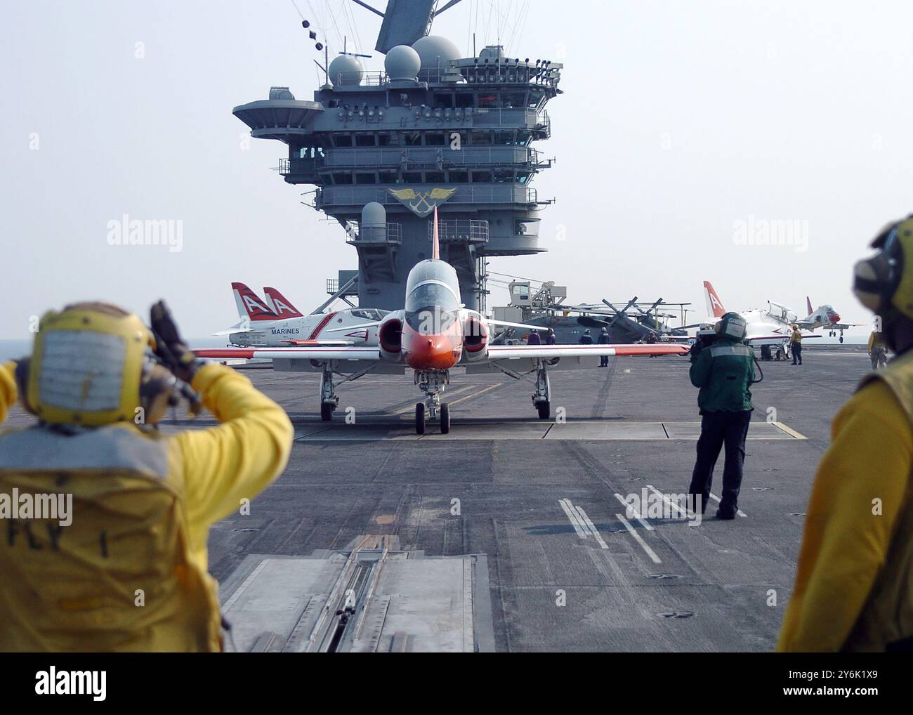 A T-45C Goshawk prepares to launch from the flight deck of Nimitz-class ...