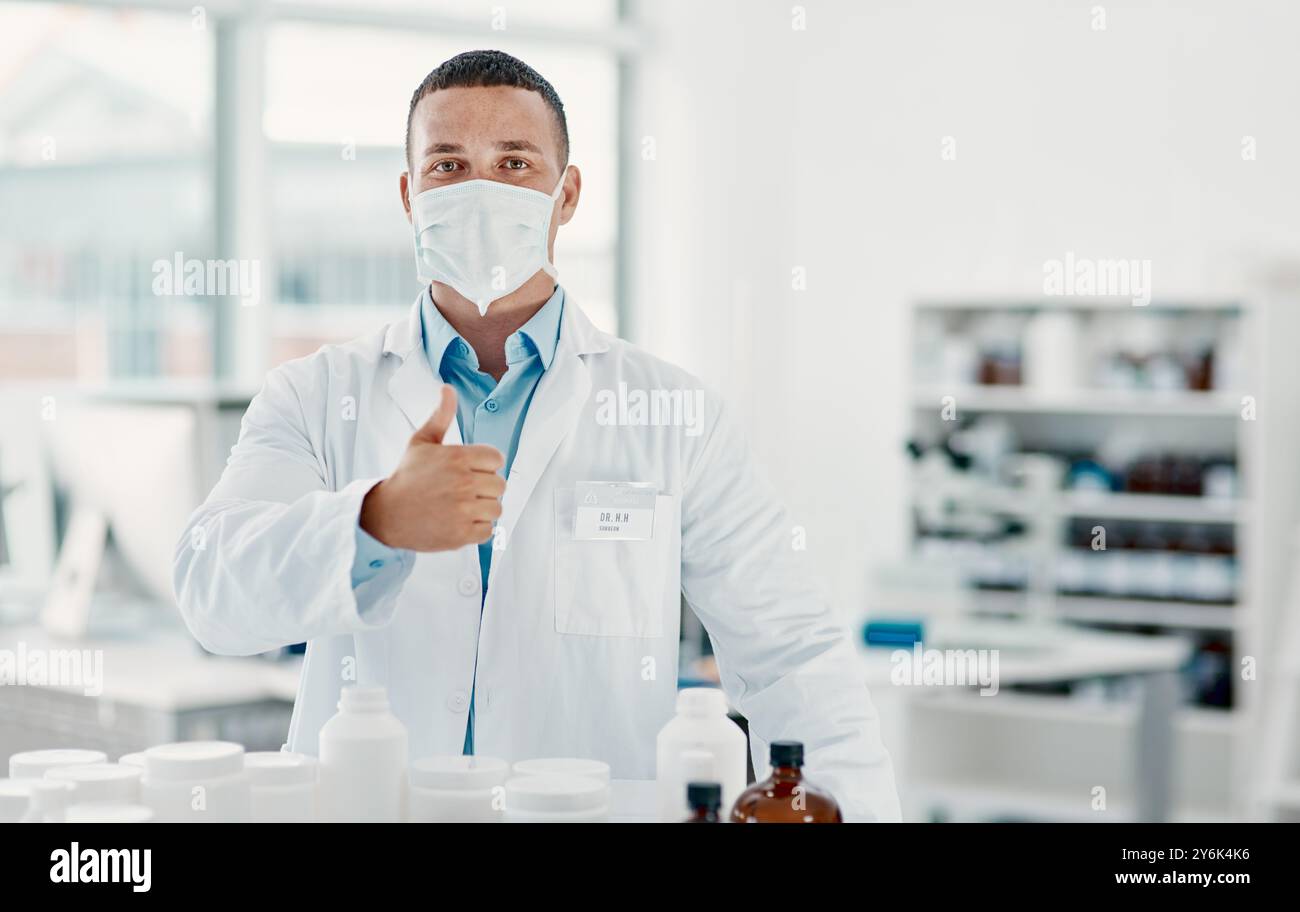Healthcare, man and thumbs up for medicine, chemist and gesture for ...