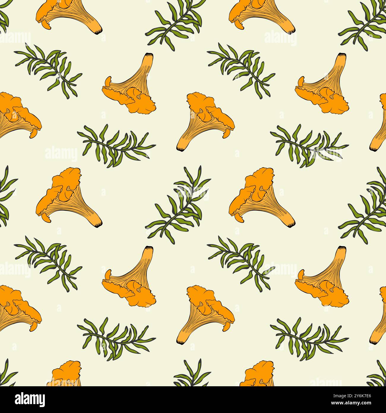 Moss and chanterelle mushrooms pattern on light green background ...