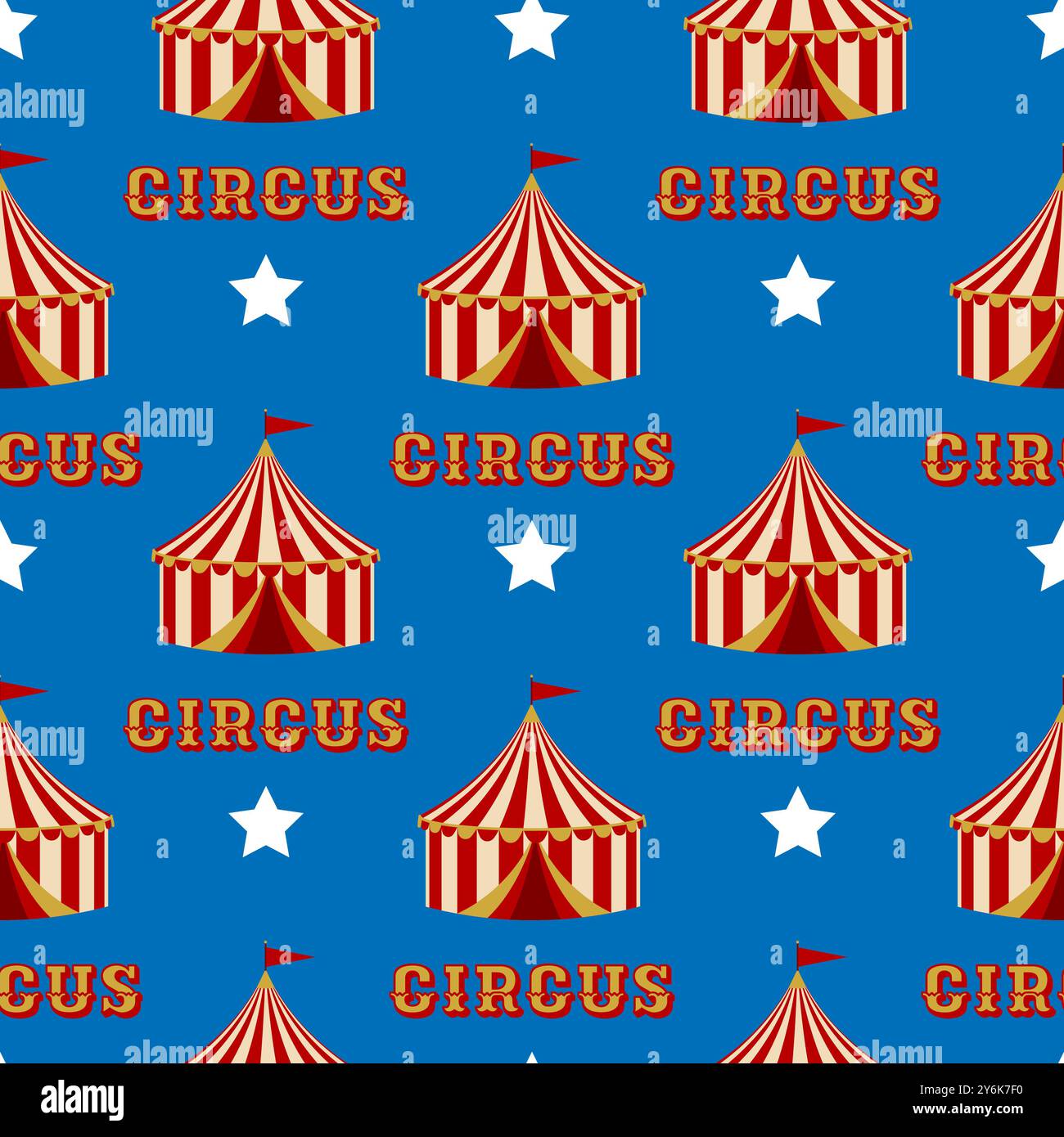 A seamless circus themed pattern featuring red and white tents, the ...
