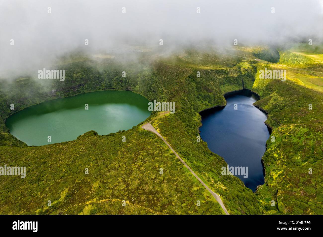 Drone aerial view of Lagoa Negra and Lagoa Comprida on the Azores ...