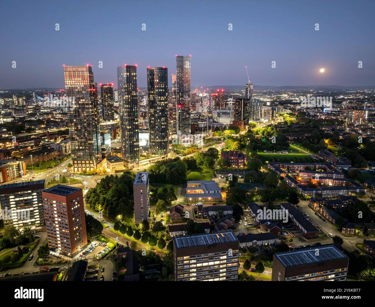 Aerial image of Manchester Skyline with a full Moon Stock Photo - Alamy