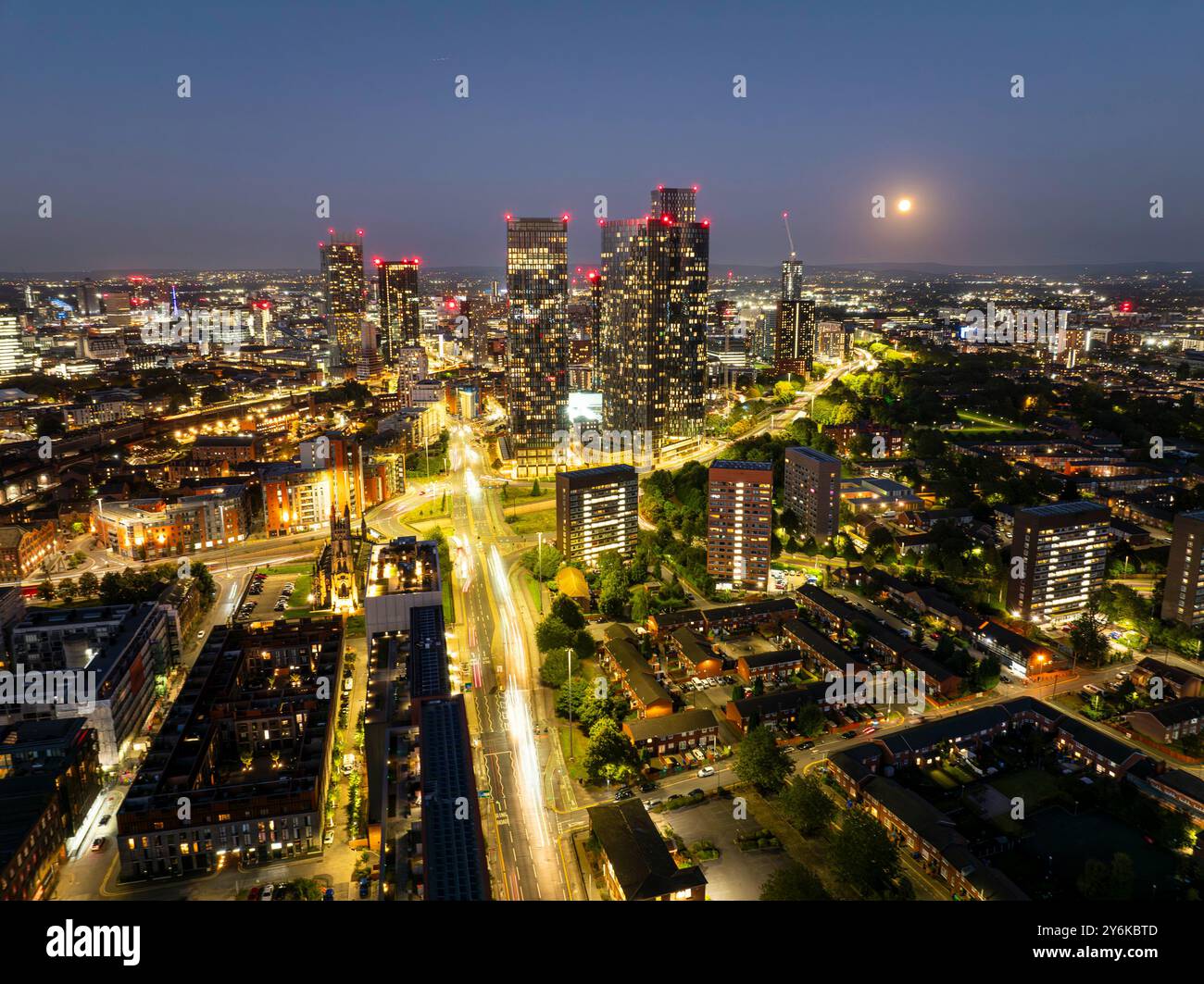 Aerial image of Manchester Skyline with a full Moon Stock Photo - Alamy