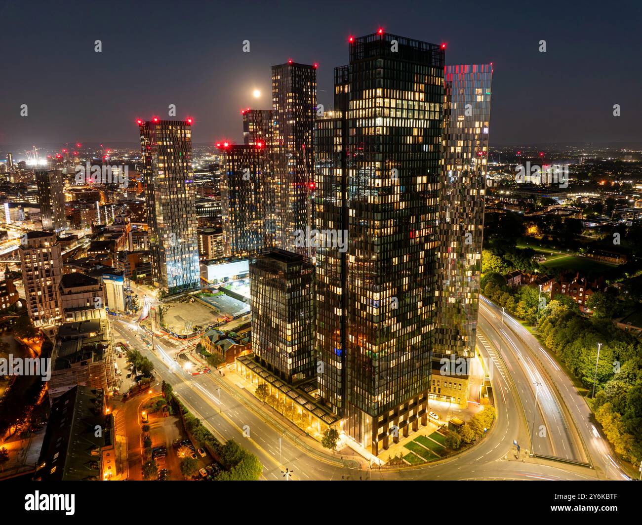 Aerial image of Manchester Skyline with a full Moon Stock Photo - Alamy
