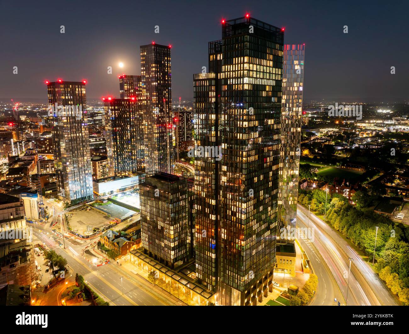 Aerial image of Manchester Skyline with a full Moon Stock Photo - Alamy