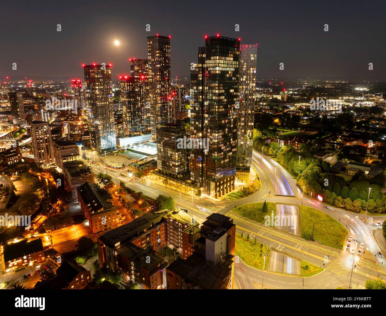 Aerial image of Manchester Skyline with a full Moon Stock Photo - Alamy