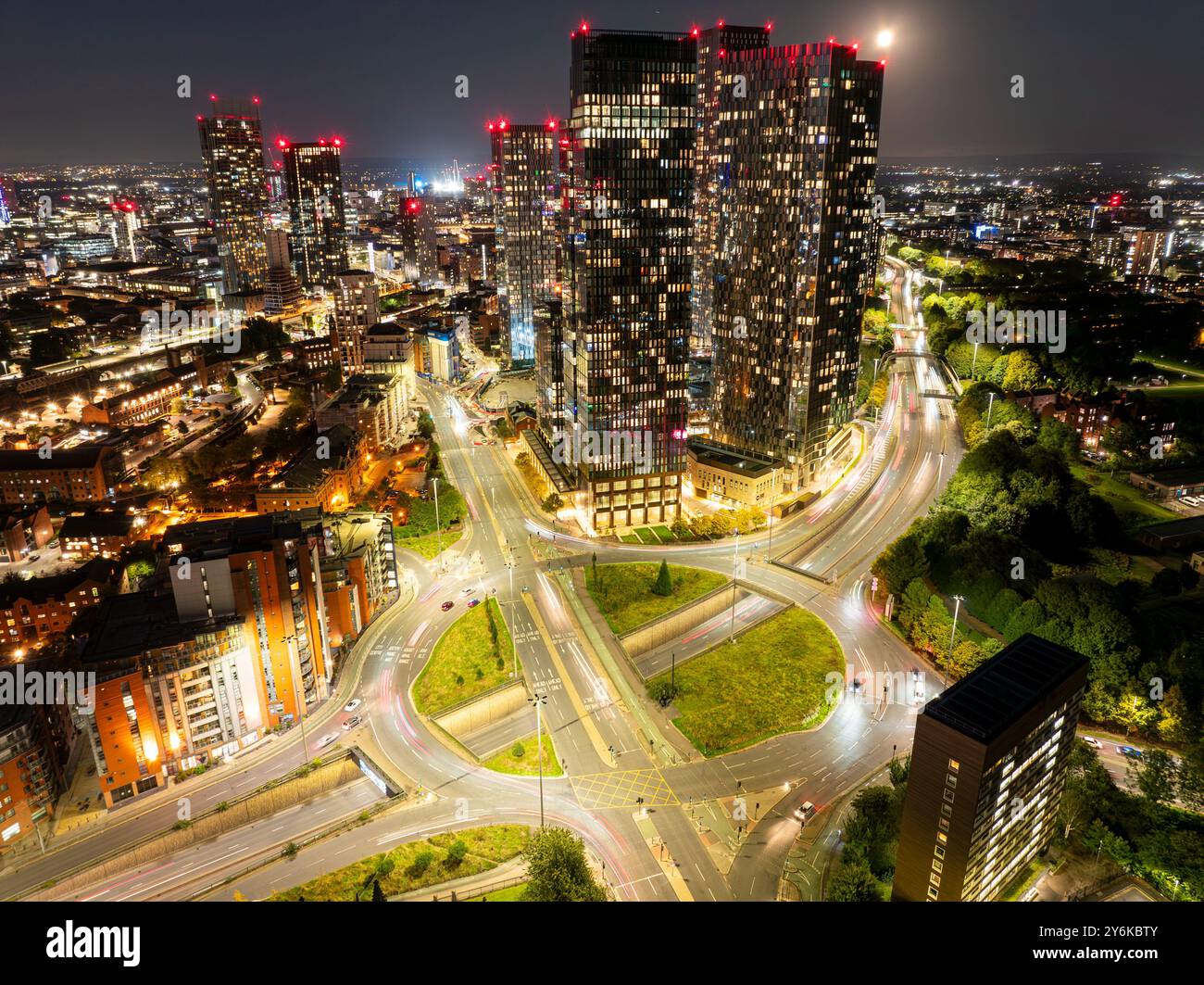 Aerial image of Manchester Skyline with a full Moon Stock Photo - Alamy