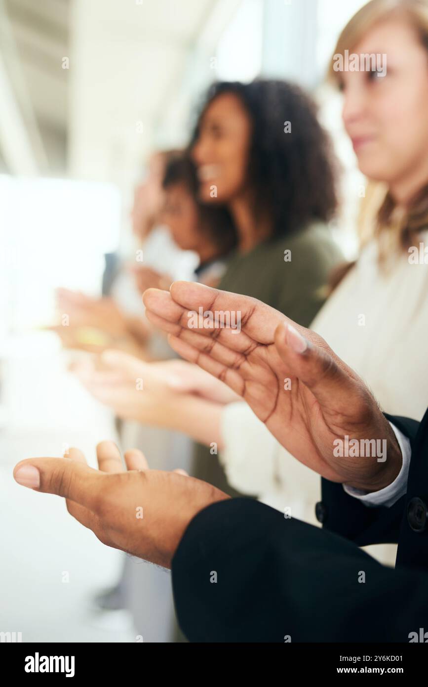 Hands, employees and people with applause in row at office in seminar ...