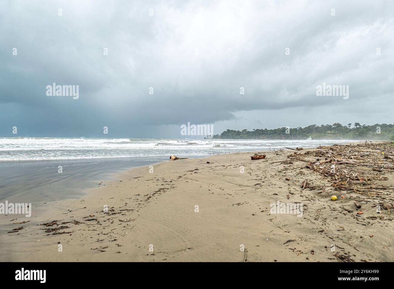 scenic beach at Cavolebora in Panama with bad weather and dark clouds ...