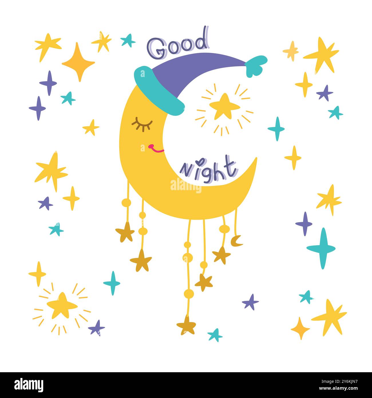 Childrens magic poster sleeping moon. Crescent, demilune, half moon in ...