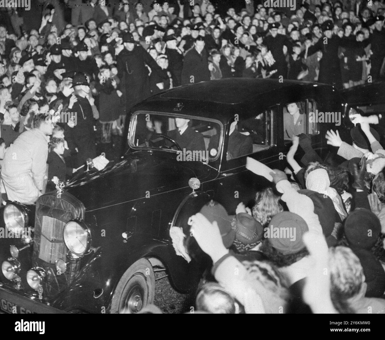 Royal Wedding. H.R.H Princess Elizabeth and Duke of Edinburgh. Crowds rushed the car of the ...
