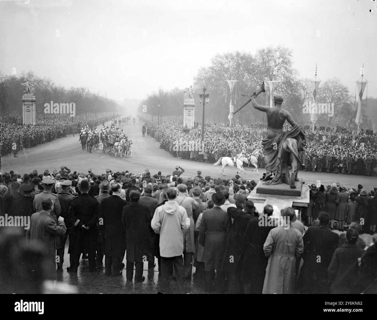 Royal Wedding. H.R.H Princess Elizabeth and Duke of Edinburgh. Crowds cheering the bridal pair ...