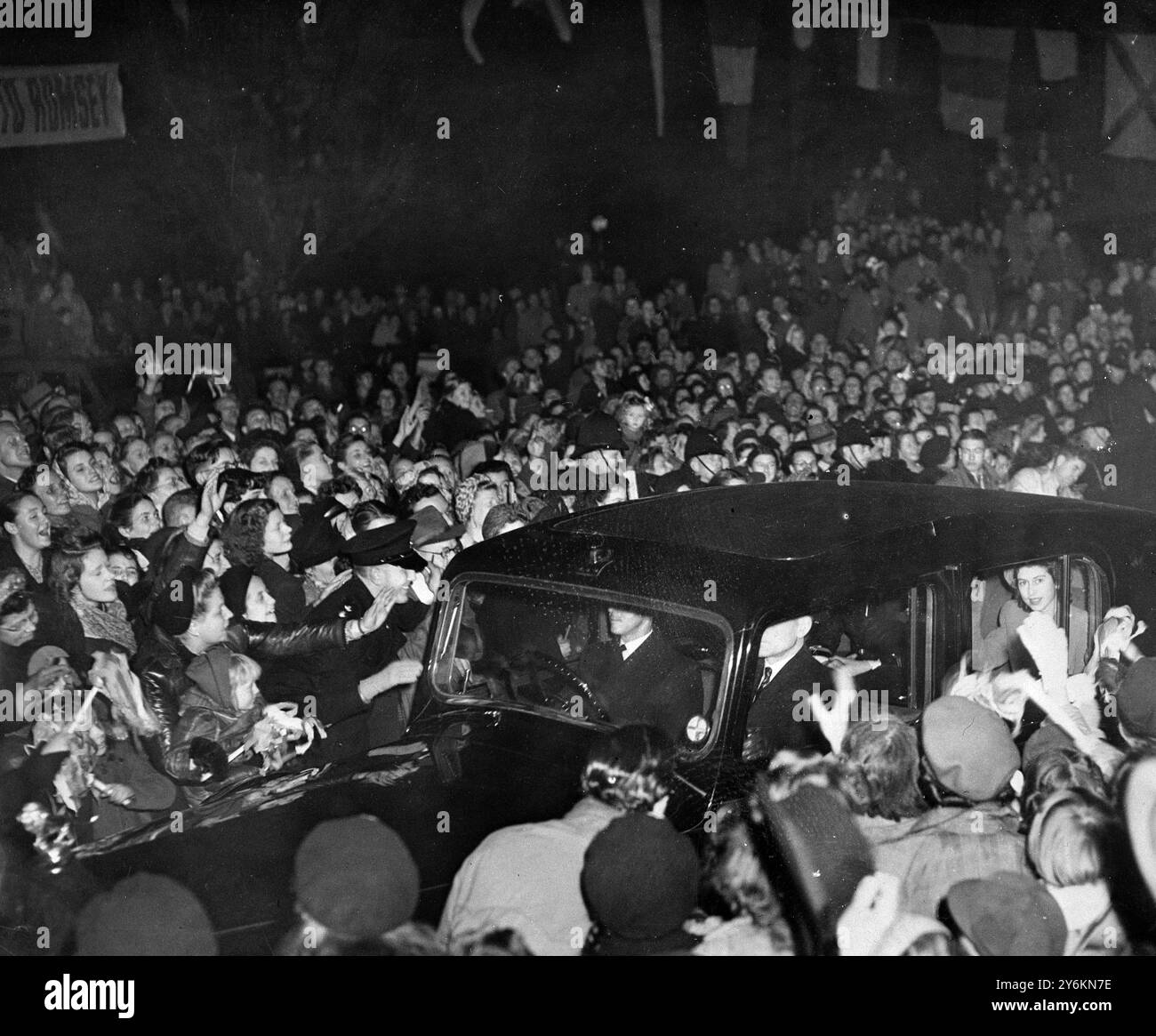 The Royal Wedding. H.R.H Princess Elizabeth and Duke of Edinburgh. Crowds rushed the car of the ...