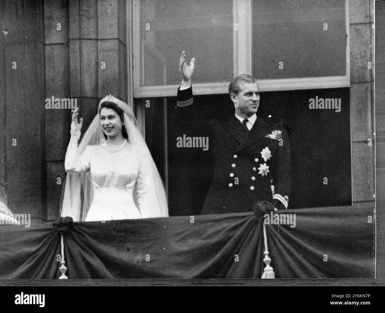 Royal Wedding. H.R.H Princess Elizabeth and Duke of Edinburgh. On the balcony at Buckingham ...