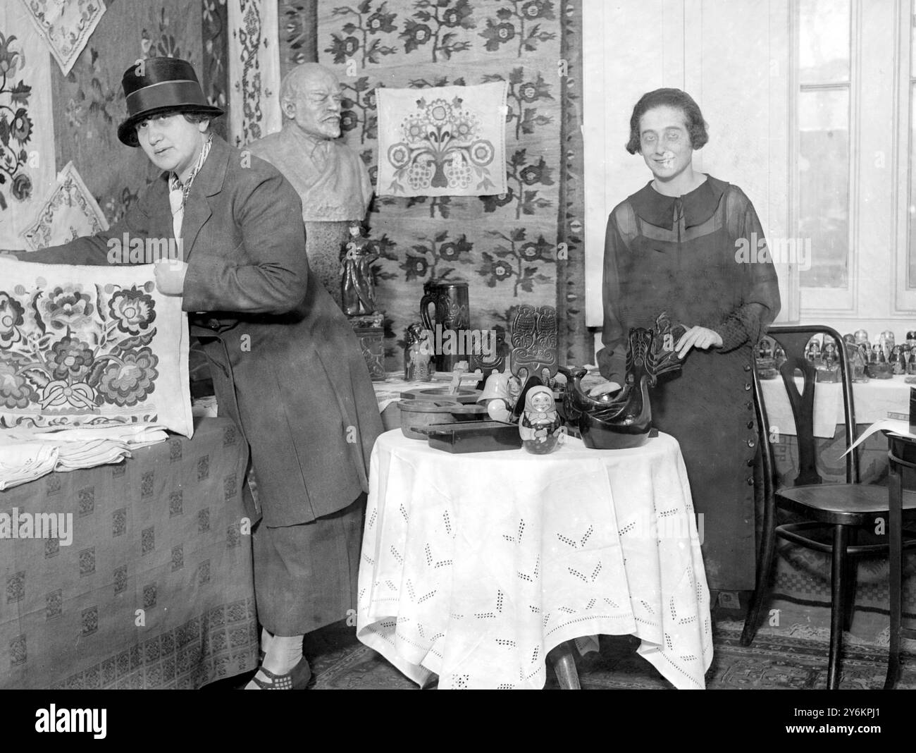 Madam Rakovsky (left) wife of the Soviet Delegate, holds sale of work ...