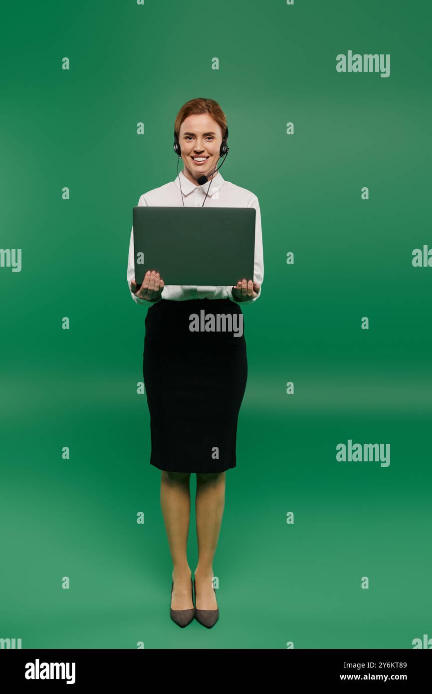 A confident woman in formal attire assists clients, highlighting her ...