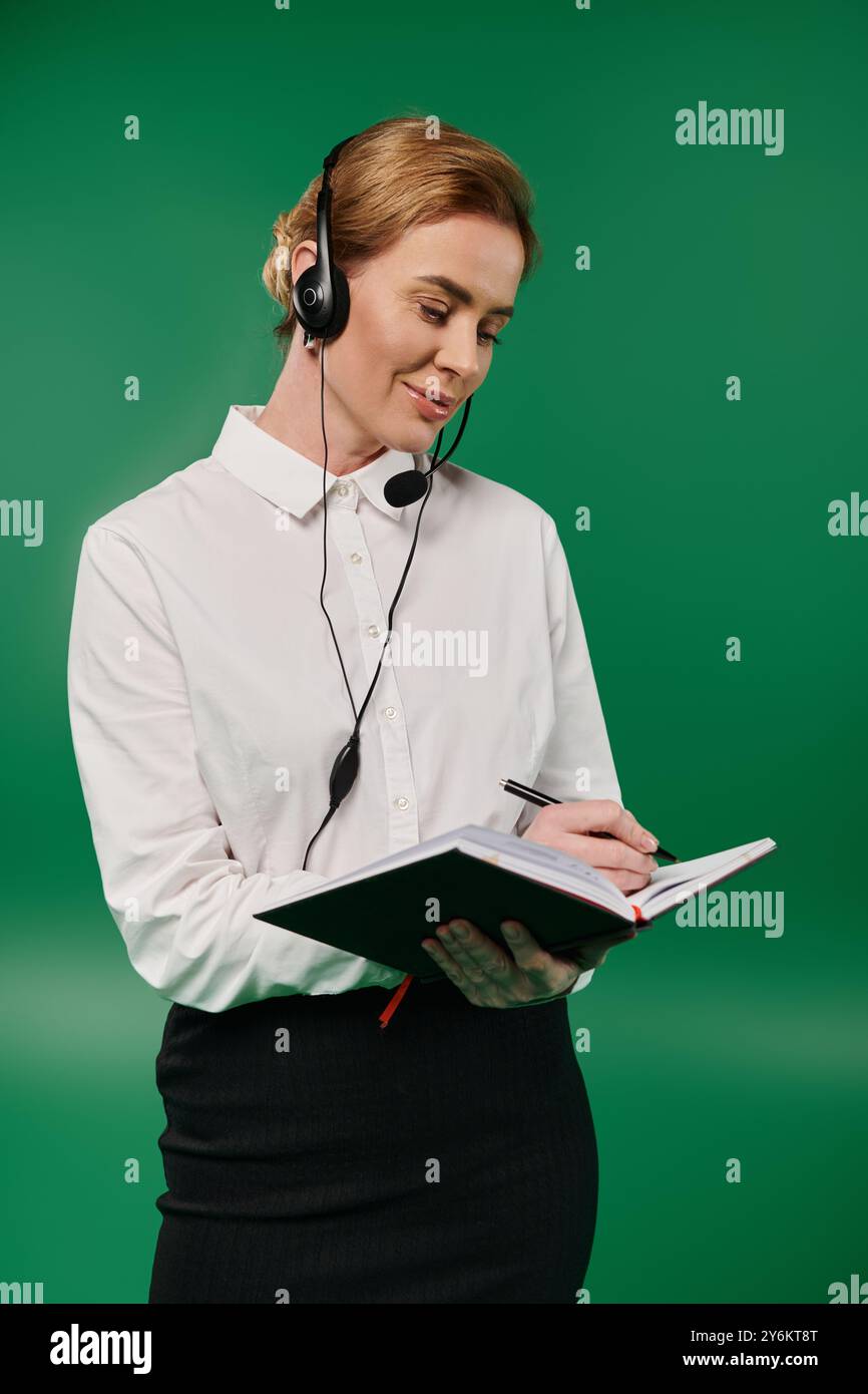 A professional woman engages with customers, wearing a headset and ...