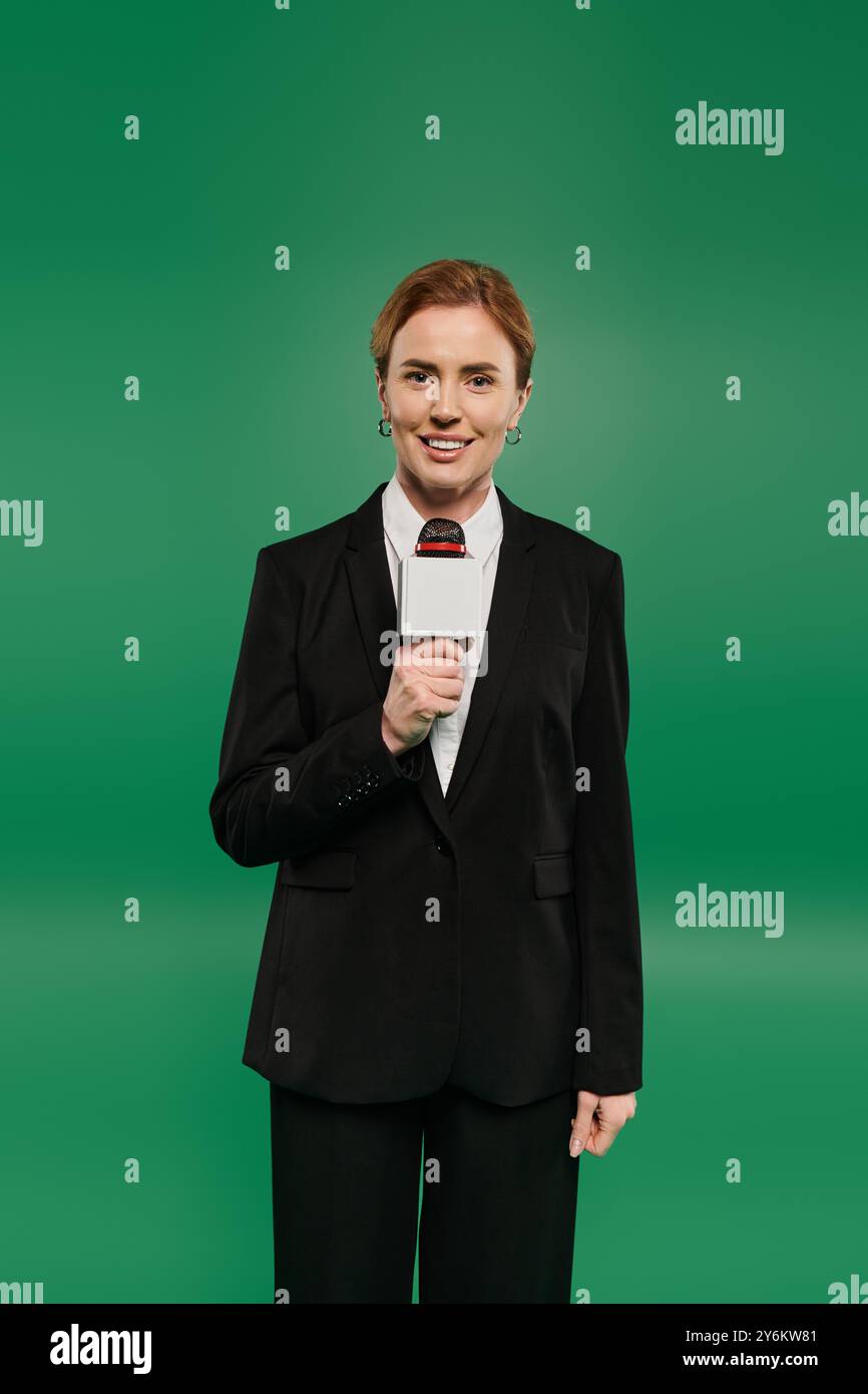 The TV presenter holds a microphone and smiles warmly, ready to engage ...