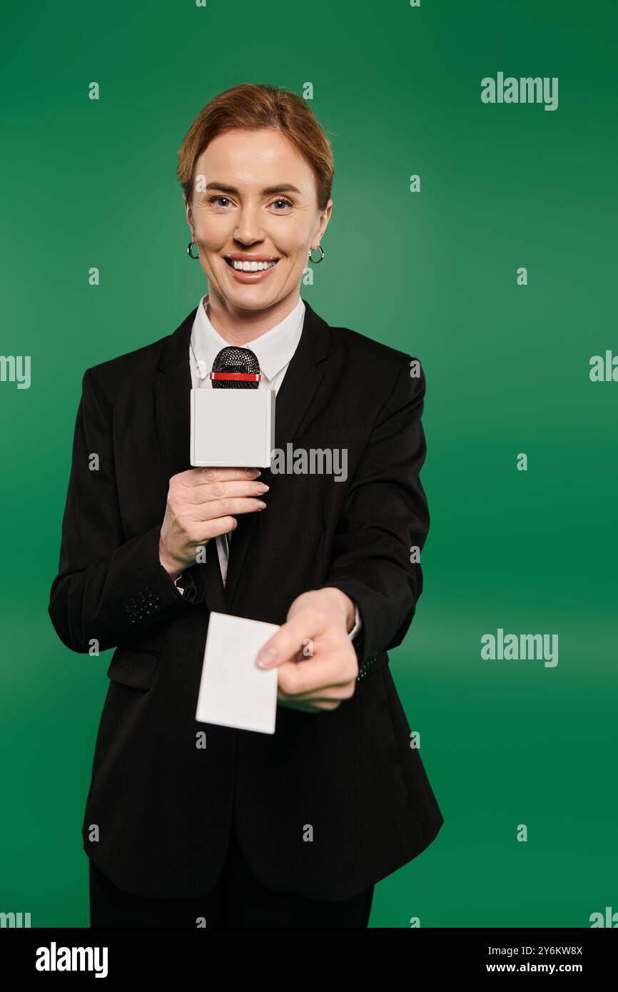 The TV presenter, dressed in elegant black, enthusiastically addresses ...