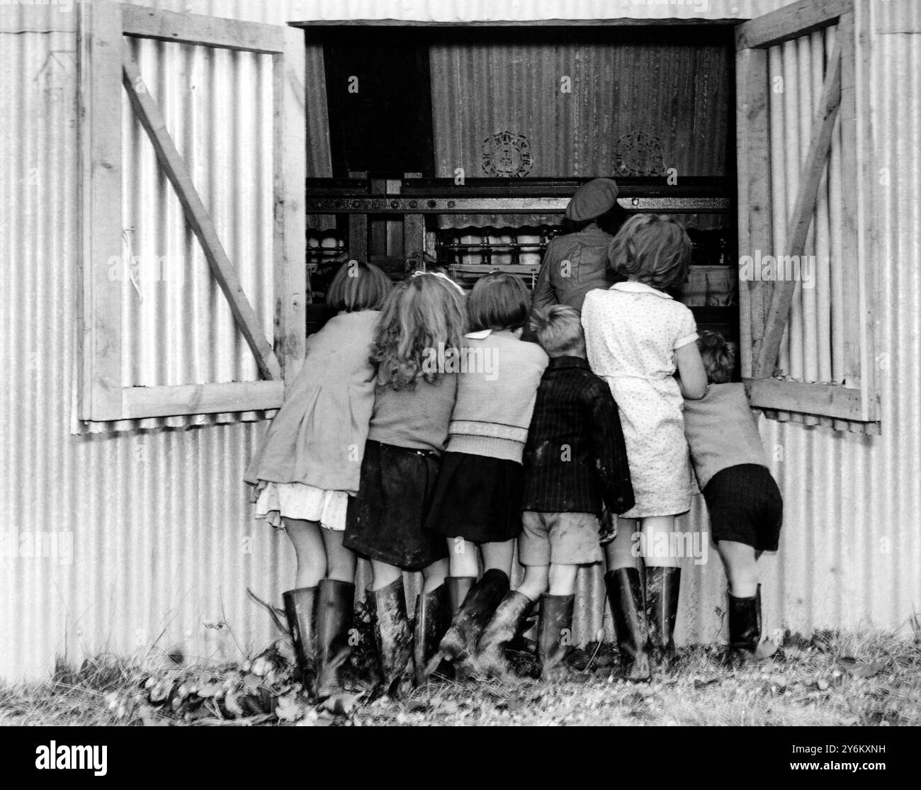 Children on a hop pickers holiday in Kent. They are watching a machine ...