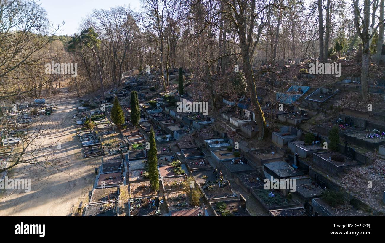 Aerial view of a cemetery surrounded by tall trees. The graves are ...