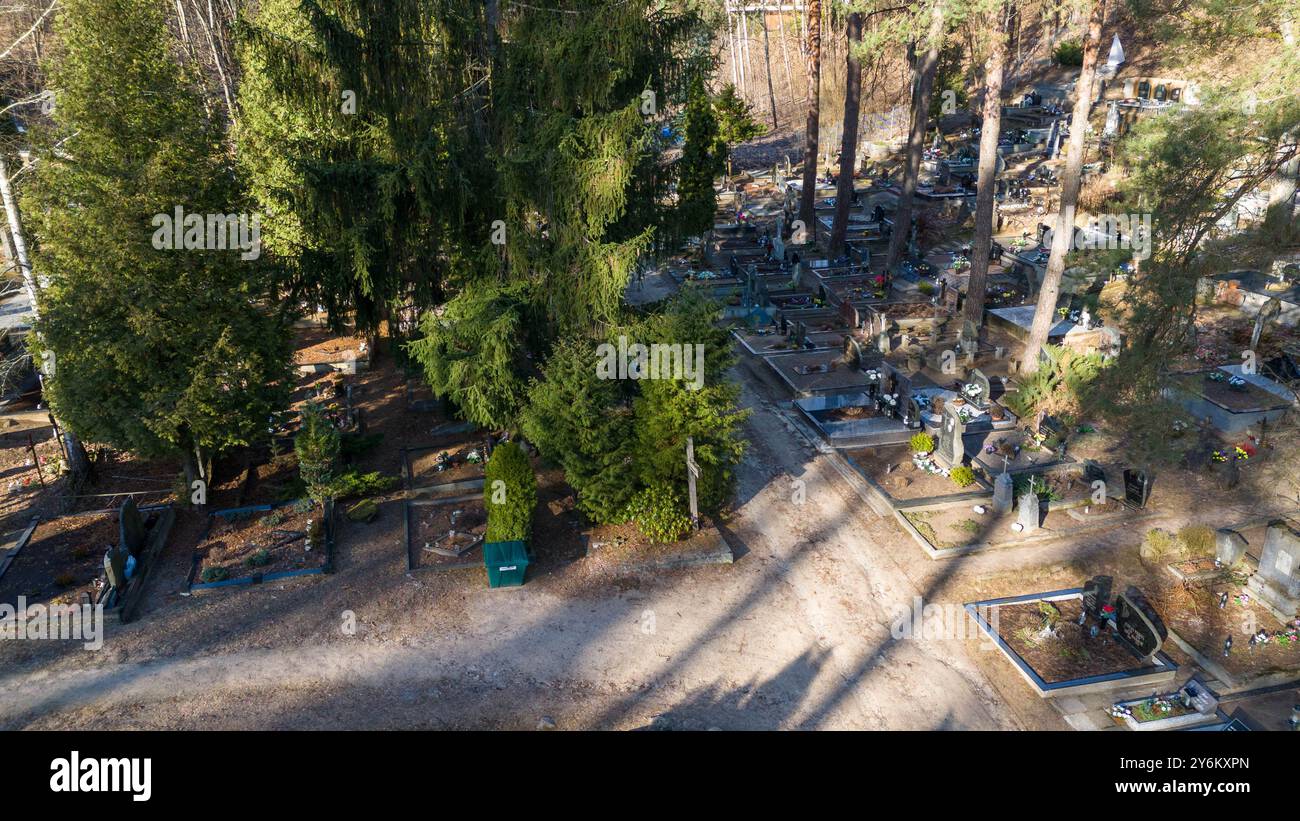 Aerial view of a cemetery surrounded by tall trees. The graves are ...