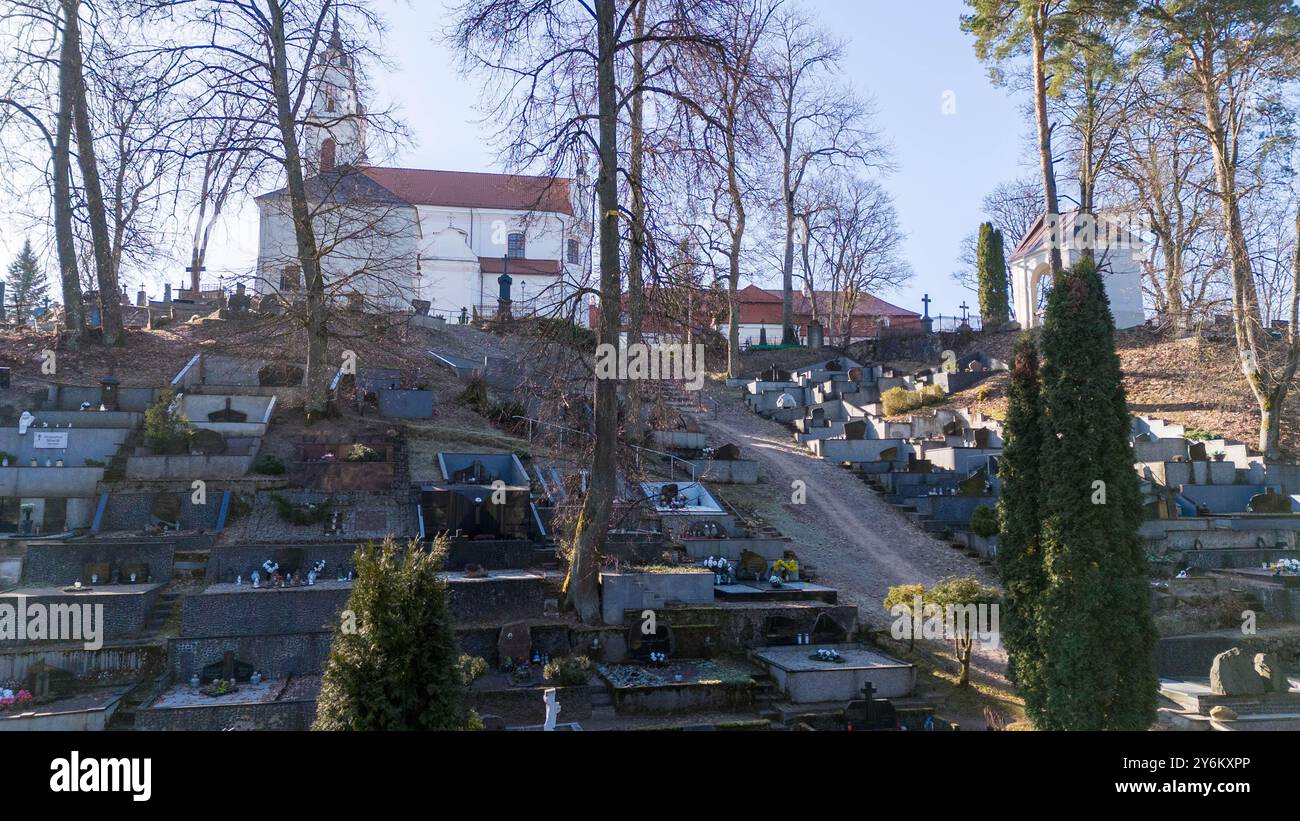 Aerial view of a cemetery surrounded by tall trees. The graves are ...