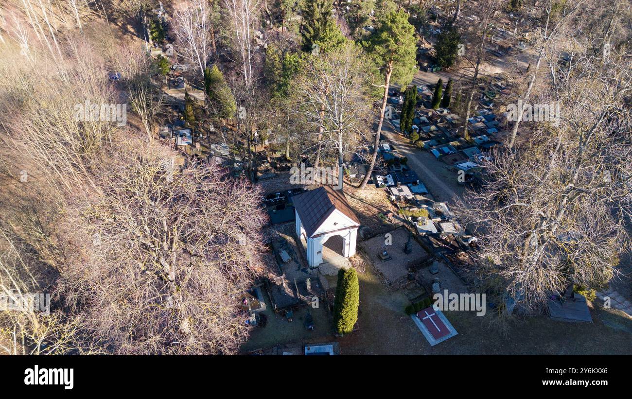 Aerial view of a cemetery surrounded by tall trees. The graves are ...