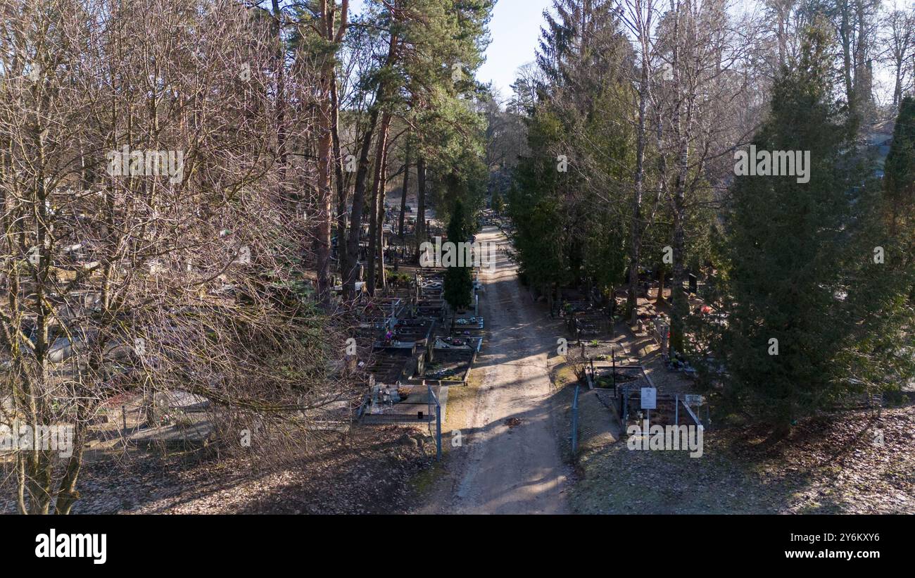 Aerial view of a cemetery surrounded by tall trees. The graves are ...