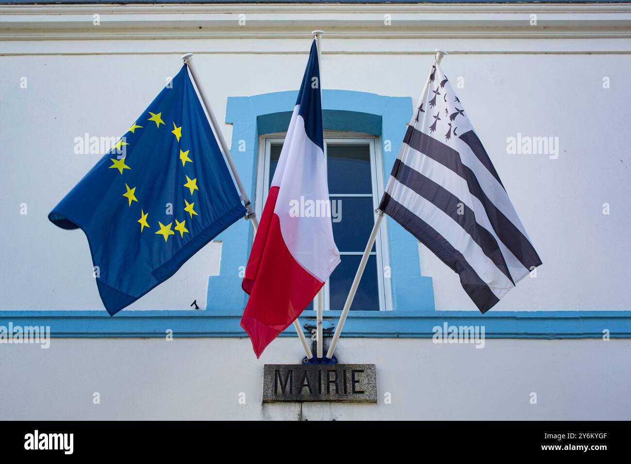 France, Belle-ile-en-mer, Morbihan, Locmaria, flags of the European ...