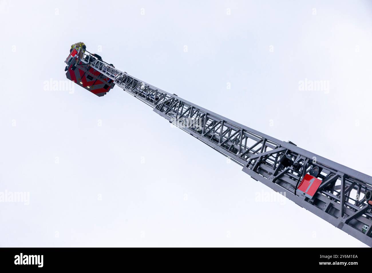 Germany, fire equipment. Large ladder deployed in the sky Stock Photo ...