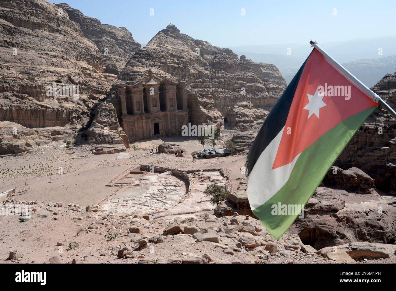 Jordan, Middle east, Petra, the jordanian flag above the temple known ...