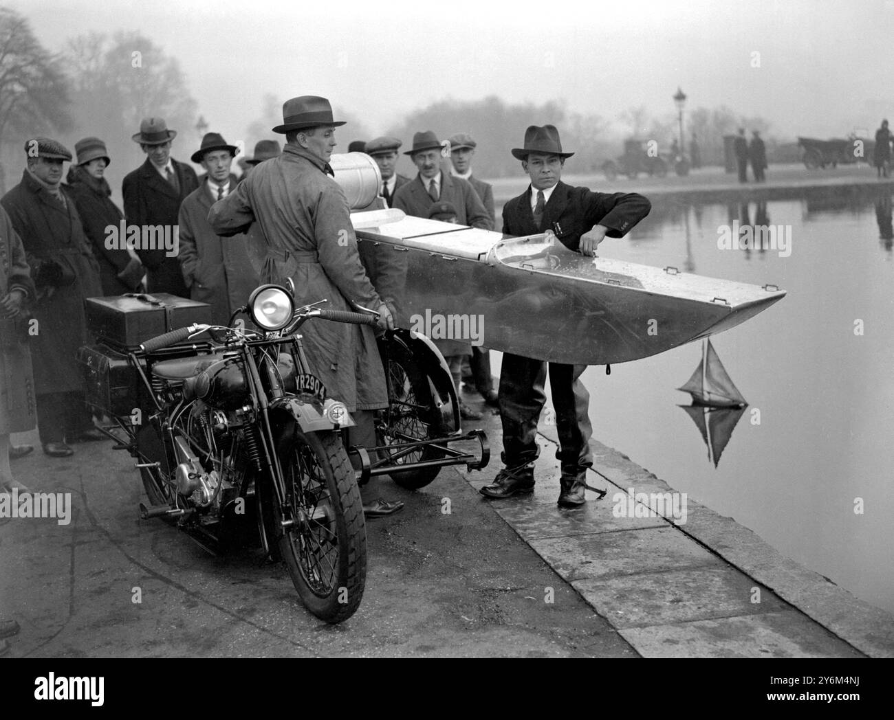 Amphibian Motor Cycle combination. Captain Geoffrey Malins, O.B.E, and ...