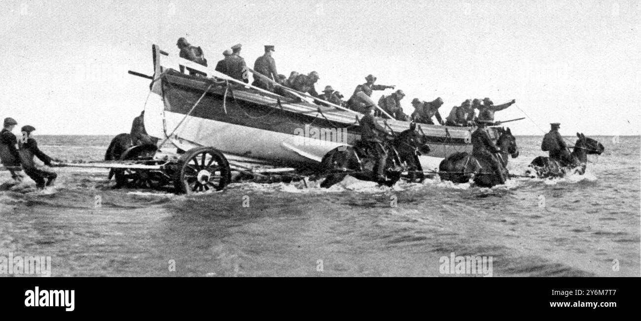 In wartime, with the aid of troops and horses, a lifeboat was launched ...