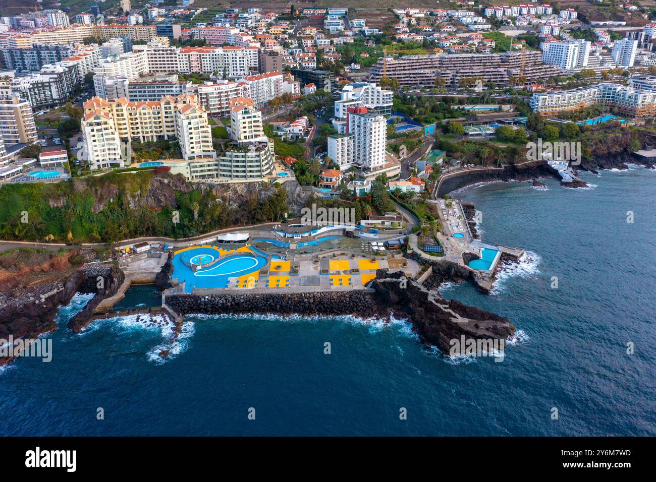 Portugal, Madeira Island, Funchal. Aerial view of hotel by the ocean ...