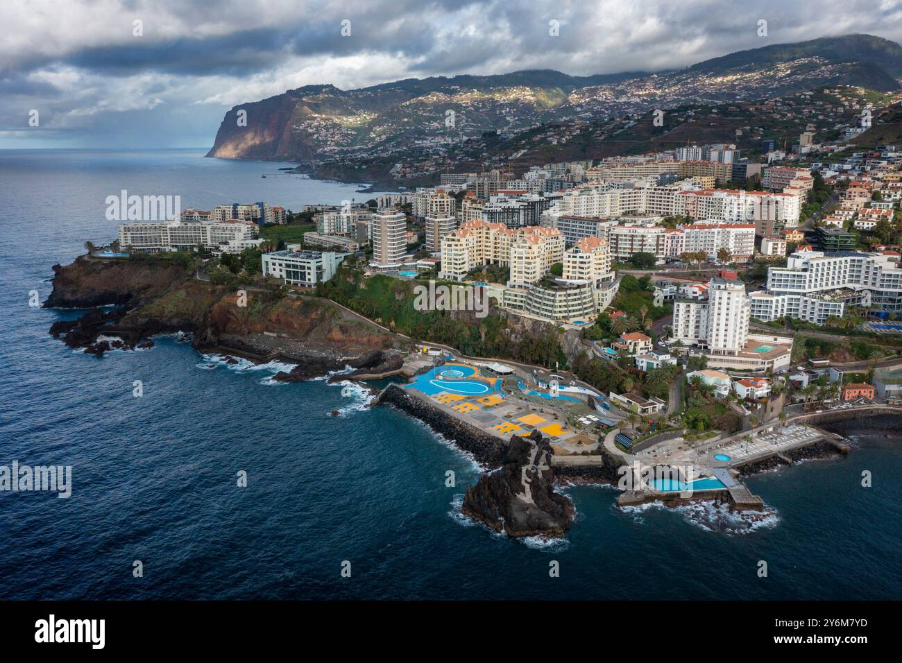 Portugal, Madeira Island, Funchal. Aerial view of hotel by the ocean ...